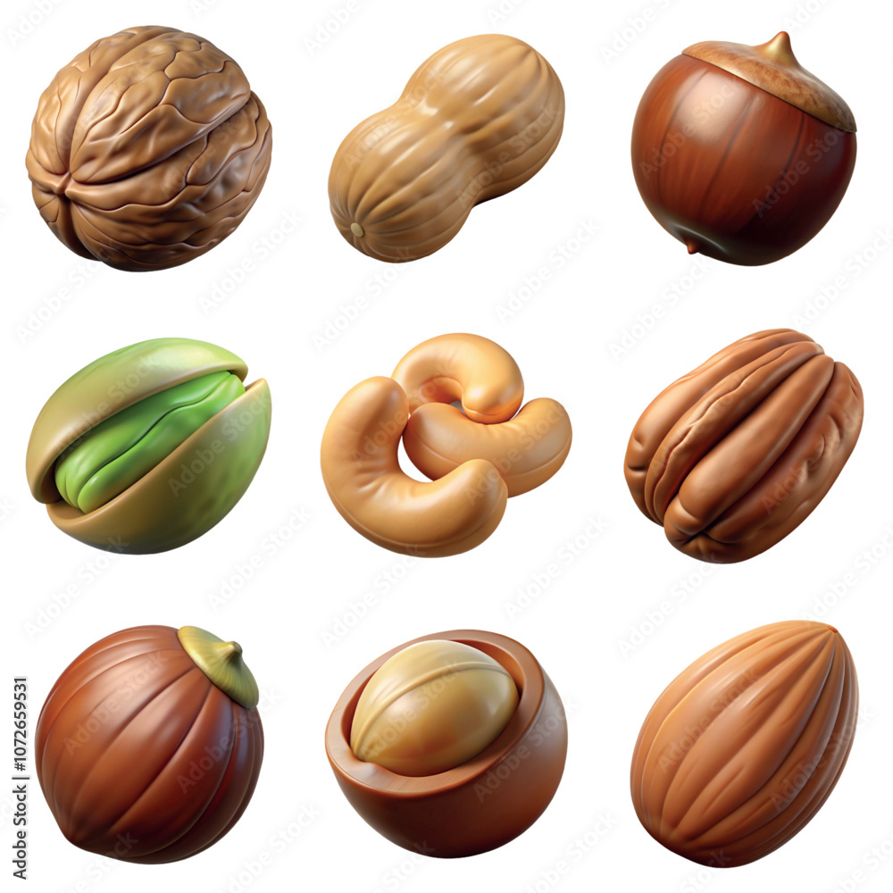 Collection of 3d nuts icons including walnut, peanut, cashew, hazelnut ...