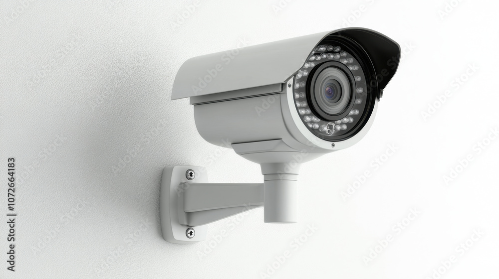 Surveillance camera mounted on wall, designed for security monitoring ...