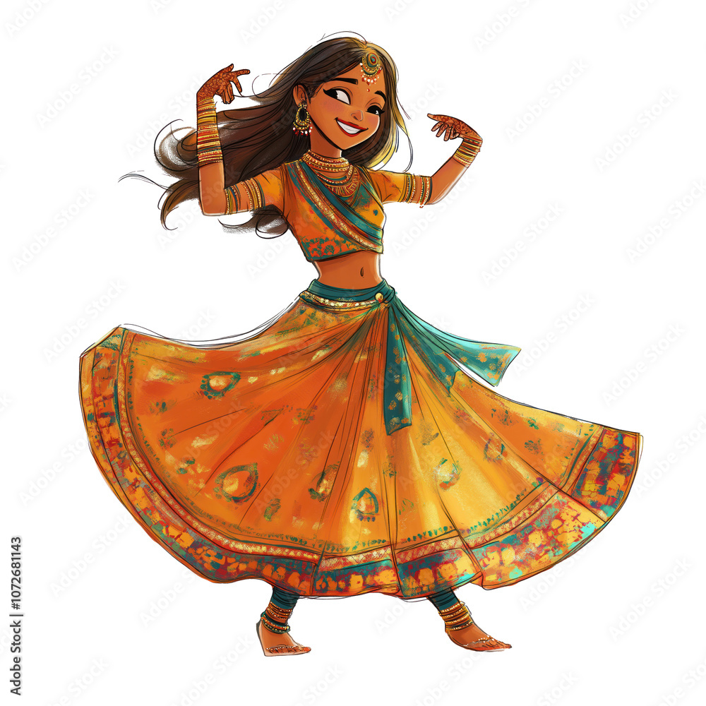 Indian woman in traditional dress, ghagra choli, dances, celebrating, festival, cultural event ...
