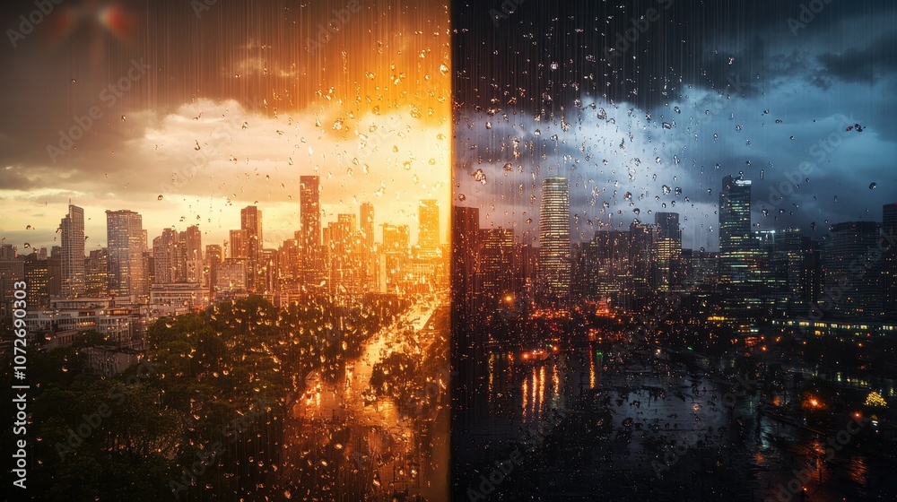 Dramatic Split-Screen Cityscape Through Rain-Streaked Window with Warm ...