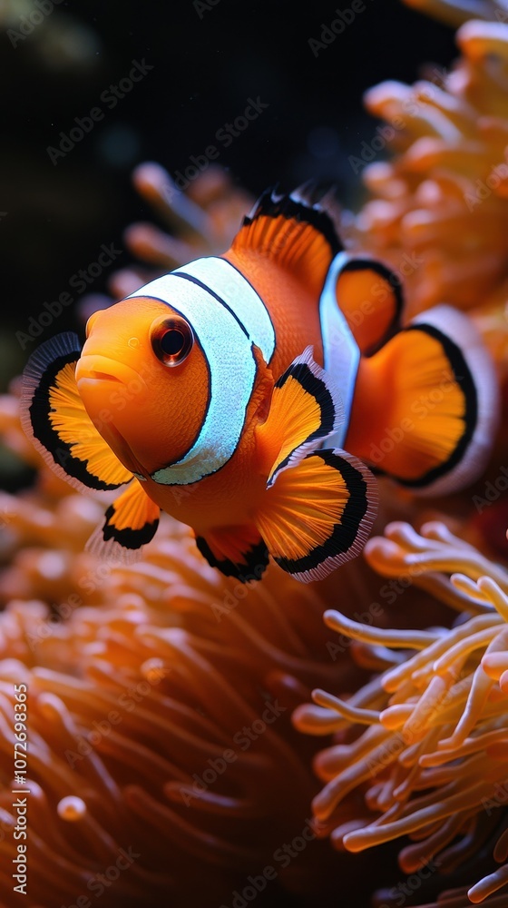 A small orange and white fish is swimming in a sea of orange and white ...