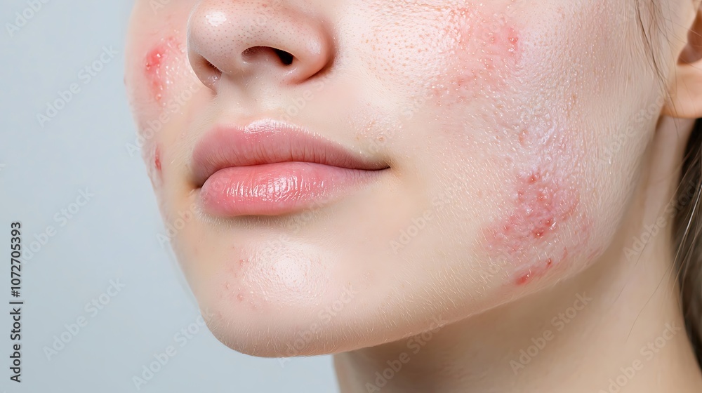 Before the acne treatment, the womans face was marked with red ...