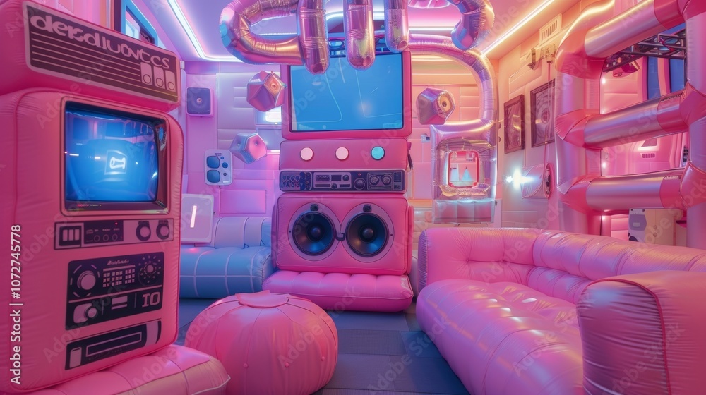 The room also features a massive inflatable boombox paying homage to ...