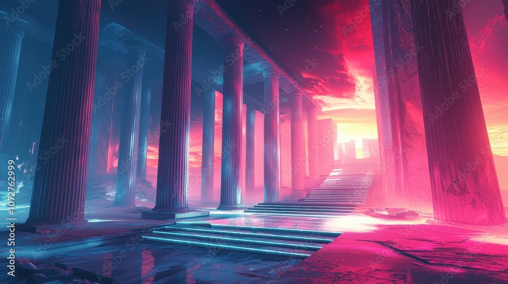 A futuristic courthouse with iridescent columns and glowing steps, set ...