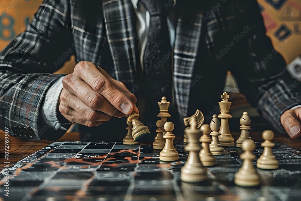 A focused man in a suit making a strategic move on a chessboard ...