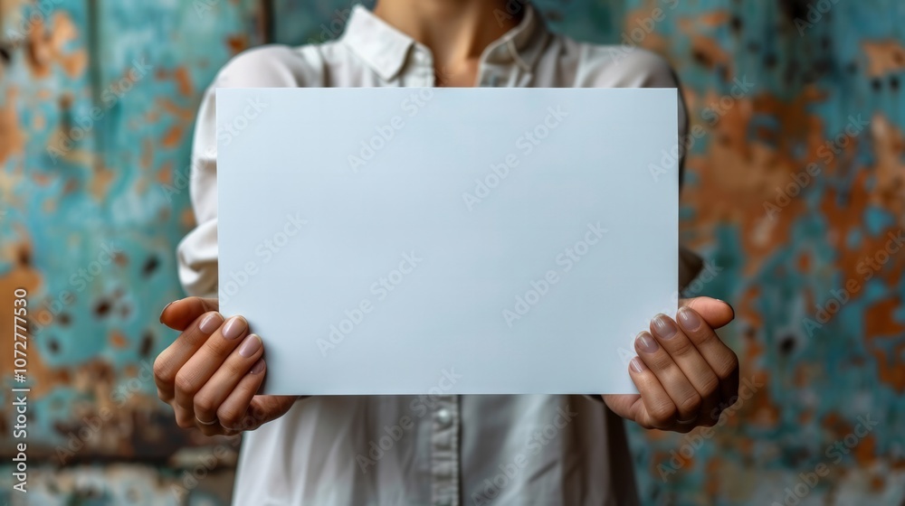 Female hands, gently angled, hold a blank poster to the left of the ...