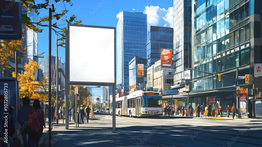 Capture a bustling city street scene featuring a vertical blank white ...