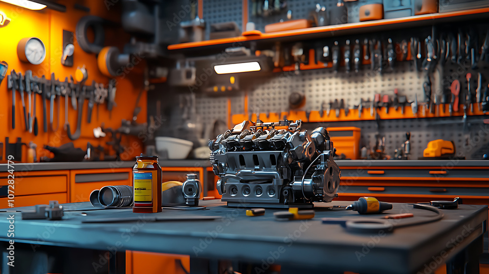 Replacement part for car engine on workbench, careful inspection, 8k ...