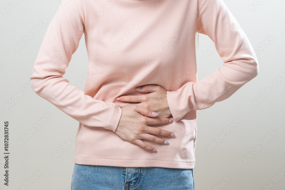 Flatulence asian young woman intolerance hand in stomach ache, suffer ...