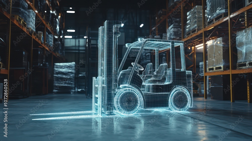 High-resolution warehouse scene with an AR display of a futuristic ...