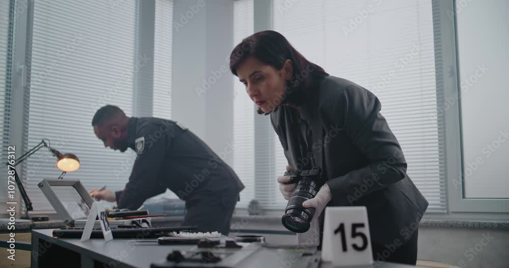 Investigation team working at crime scene: Female criminalist takes ...