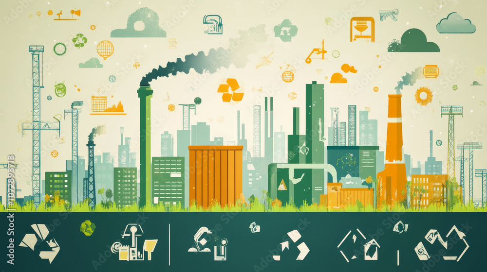 image depicts an industrial landscape with factories, smokestacks, and ...