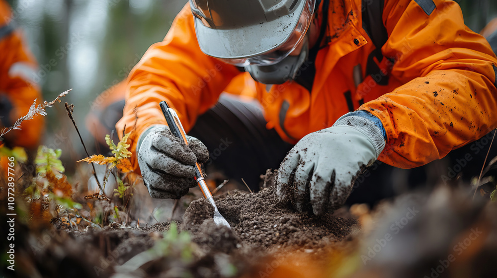 A worker in an orange safety jacket and gloves is digging in soil ...