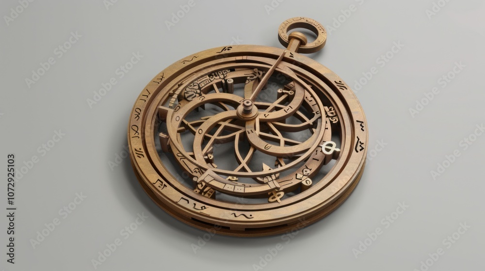 Intricate, brass-toned astrolabe with a complex design of gears and ...
