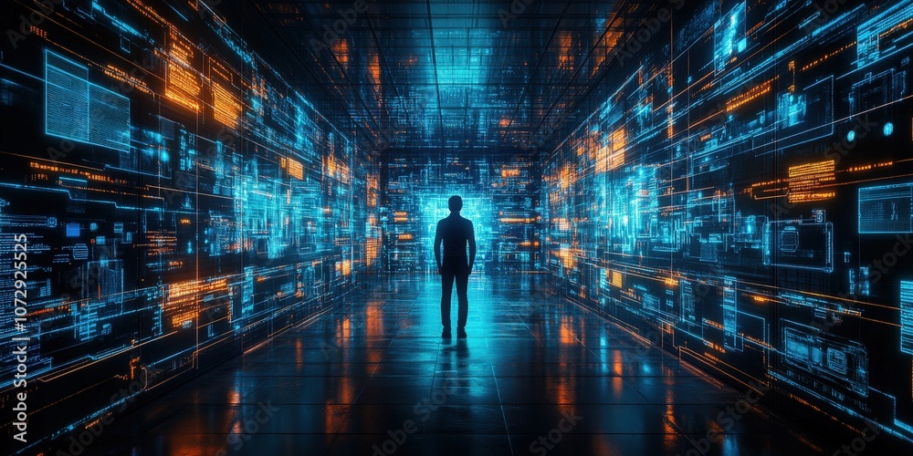 Silhouette in a futuristic digital cyberspace. Virtual person in a high ...
