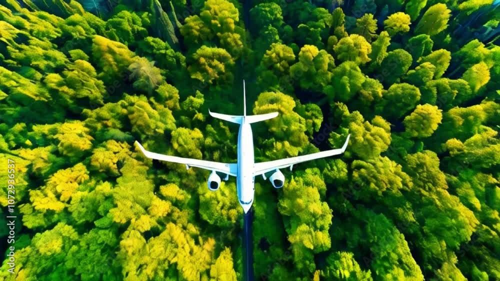 Flying plane over the beautiful green forest showing top view ...