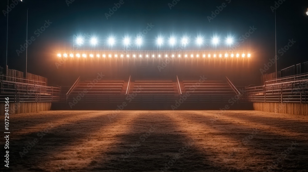 Illuminated rodeo arena with empty bleachers showcasing the ...