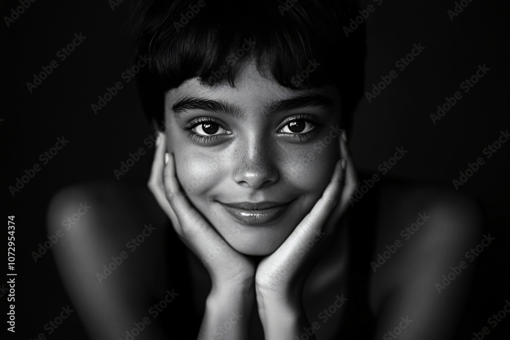 Close-up black white portraits young Hispanic girls resting hands ...