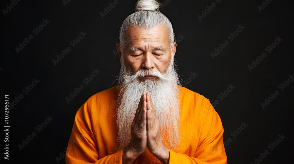 Portrait of an old monk with long white beard and hair tied in a bun ...