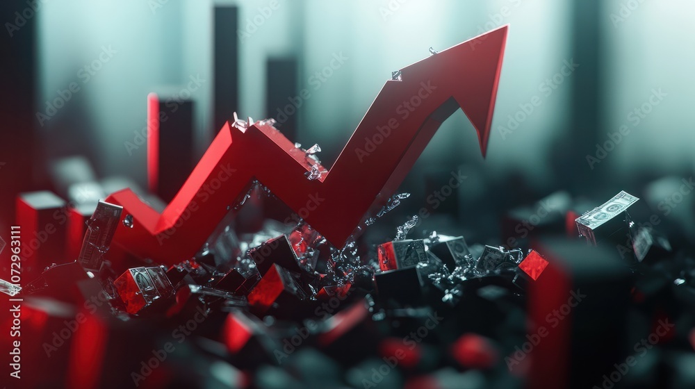 Financial crisis down, red arrow economy business graph on money crash ...