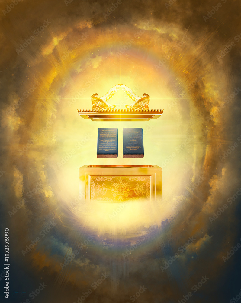 The Ten Commandments from the Ark of the Covenant, shining in glory. 3d ...
