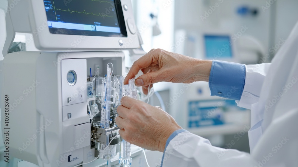 Medical professional adjusting chemotherapy infusion pump with ...