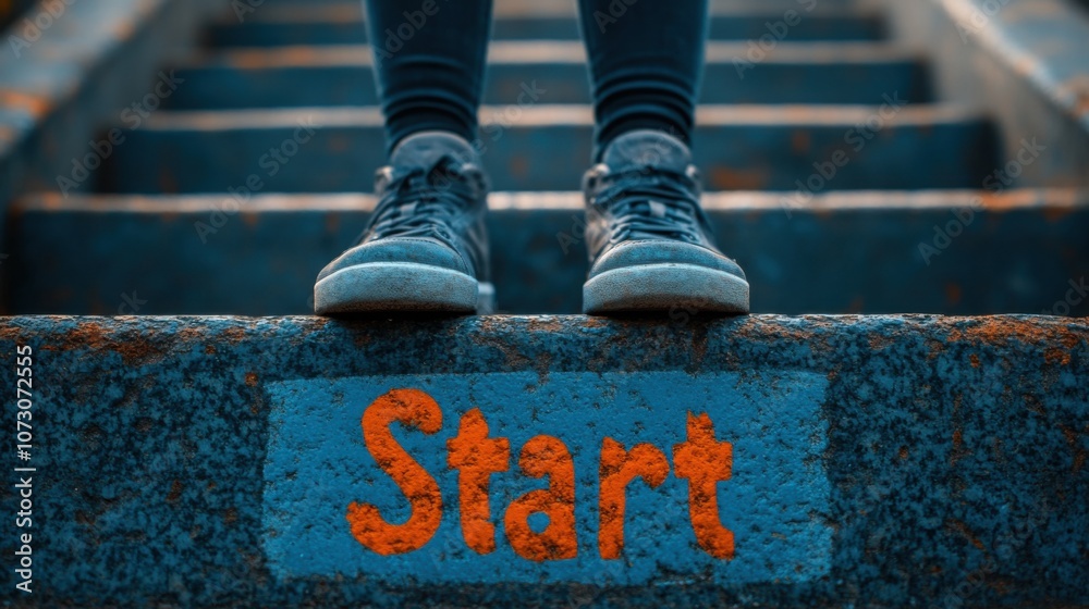 person taking the first step on a staircase labeled "Start" on the ...