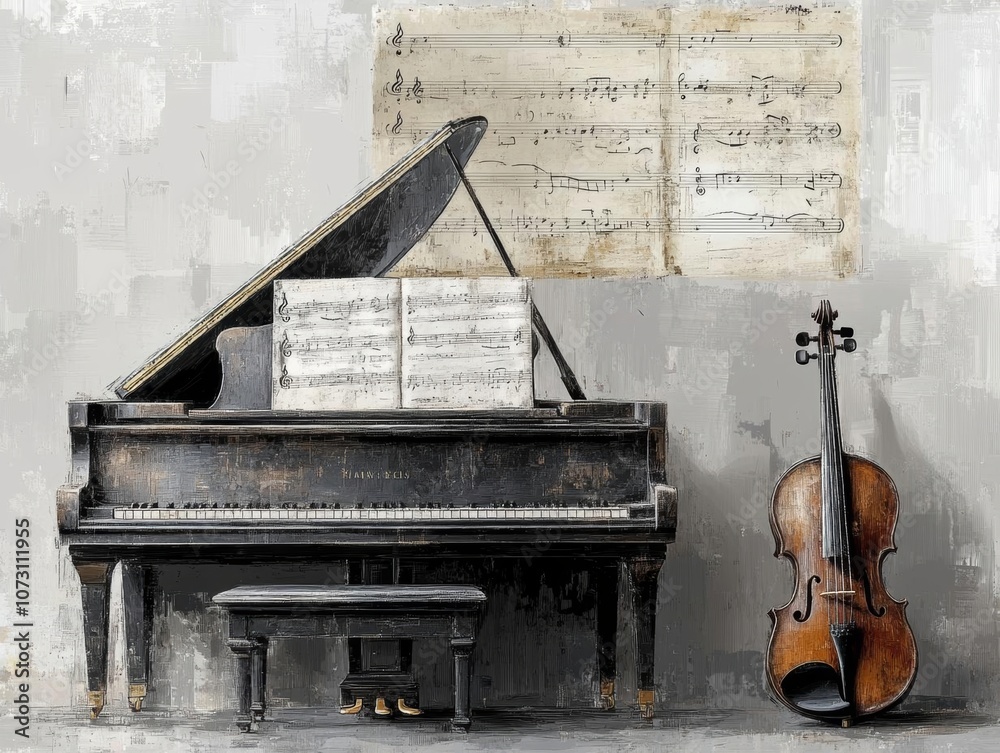 Harmonious neoclassical music instruments and notes, pianos, violins ...