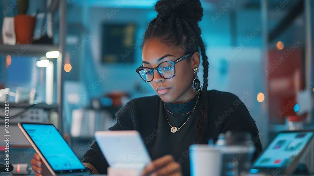 Female app developer testing mobile applications on multiple devices in ...