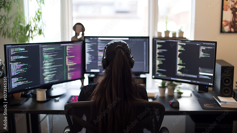 Female web developer focused on programming at her desk with multiple ...
