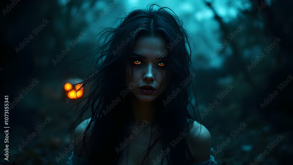 Spooky scary female zombie with a dark background and scary night ...