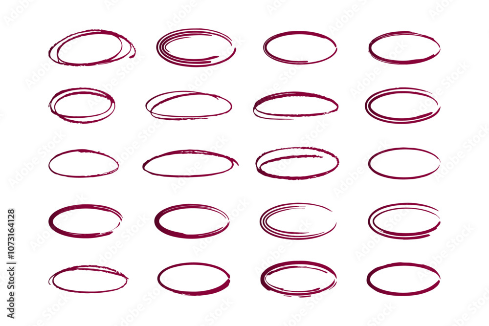 Red circle, pen draw. Highlight hand drawing different circles isolated ...