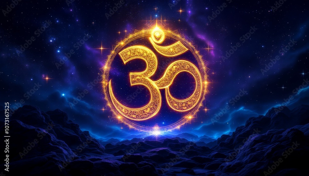 Radiant om symbol in mystical night sky for meditation and spiritual ...