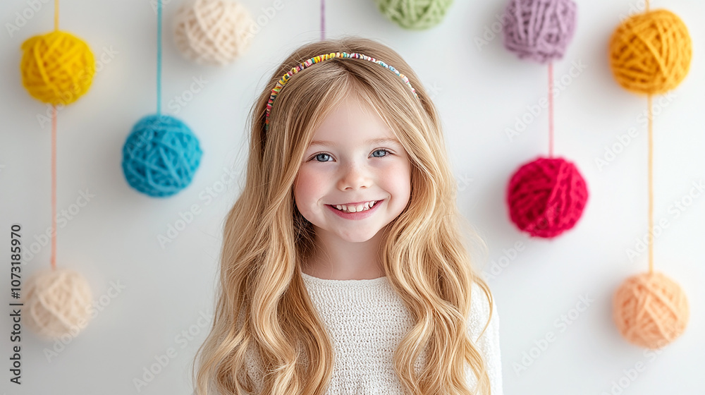 A girl smiles decorated with colorful balls of yarn hanging from her ...