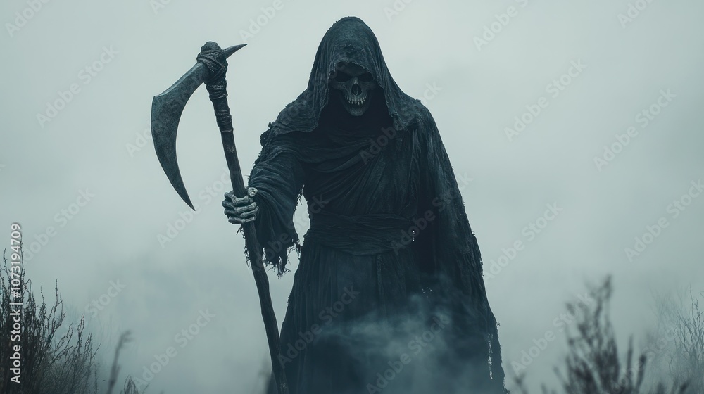 Grim reaper in realistic style, holding a scythe with a skeletal hand ...