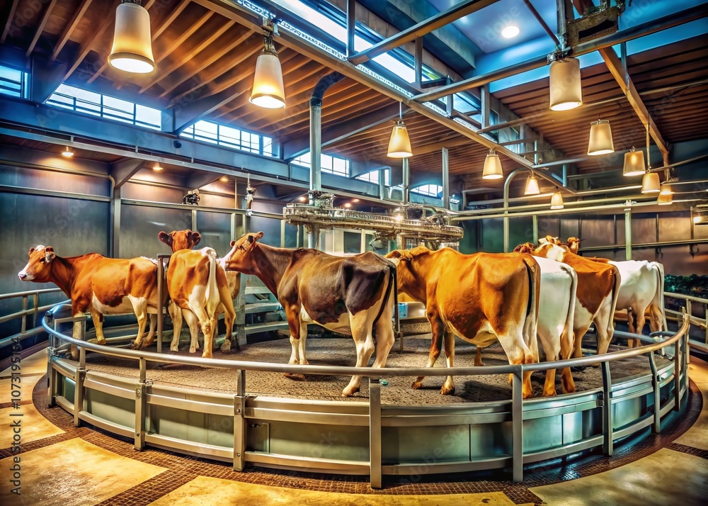 Vintage Style Photography of Cows Being Milked on a Modern Dairy Farm ...