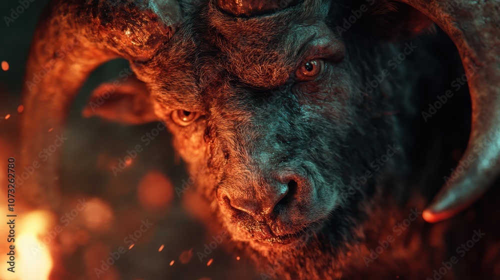 A beast with fiery eyes and powerful horns, emanating raw power and an ...