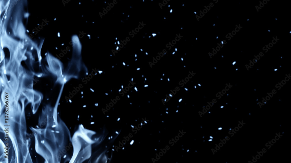 Texture of burn fire with particles embers. Blue flames on isolated ...