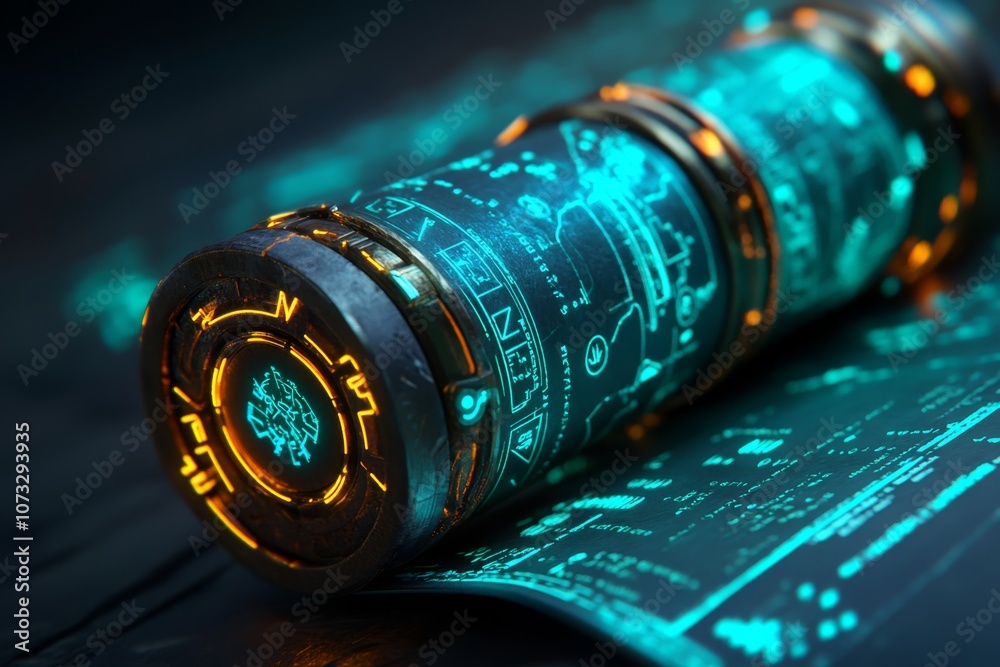 An enchanted scroll with numbers and charts appearing as glowing runes ...