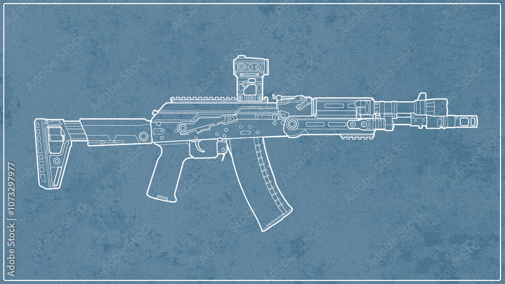 Poster blueprint of Upgraded AK 105 assault rifle with collimator sight ...