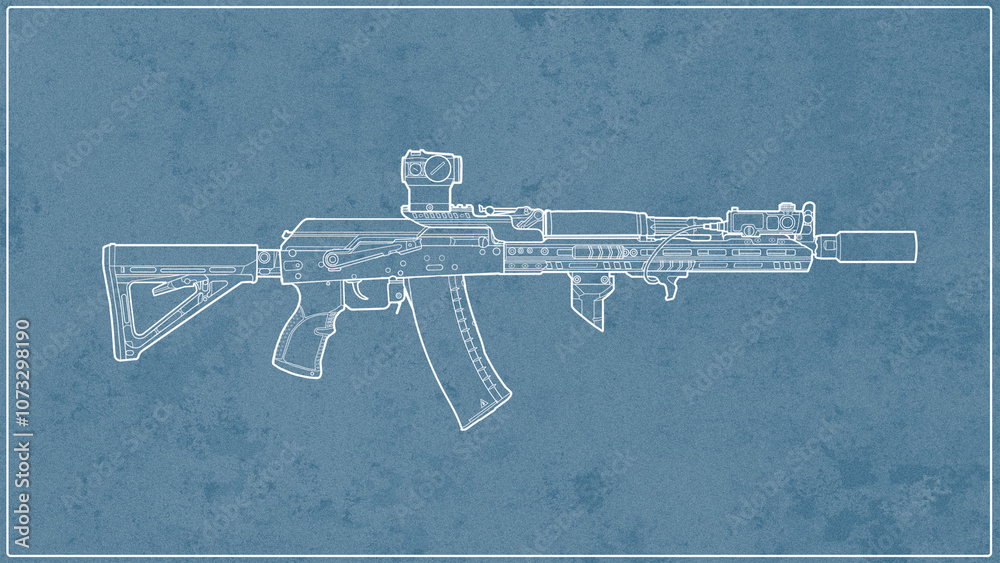 Poster blueprint of Upgraded AK 74 assault rifle with collimator sight ...
