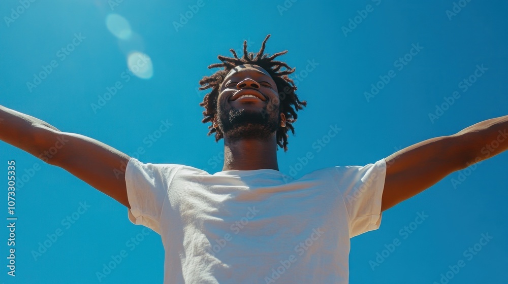 A young man stands outdoors, arms spread wide to receive sunlight. His ...