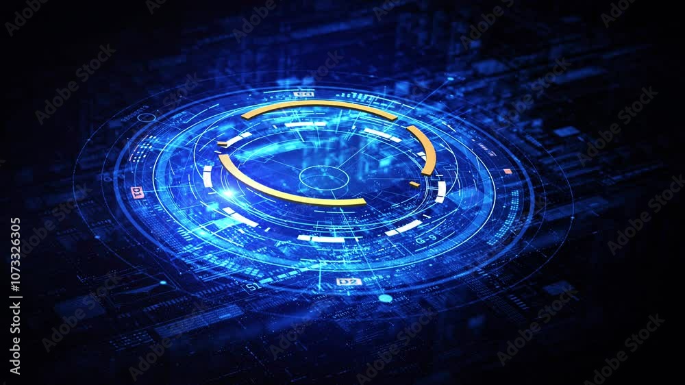 Abstract blue digital interface with circular elements, glowing lines ...