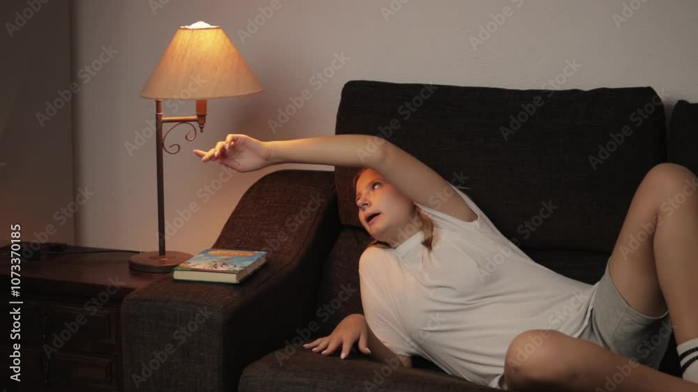 Girl lies on sofa, reaching for lamp switch on side table. Cozy living ...