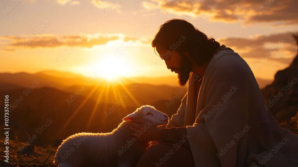 Shepherd Jesus Christ gently caring for a lost lamb – Symbolising ...