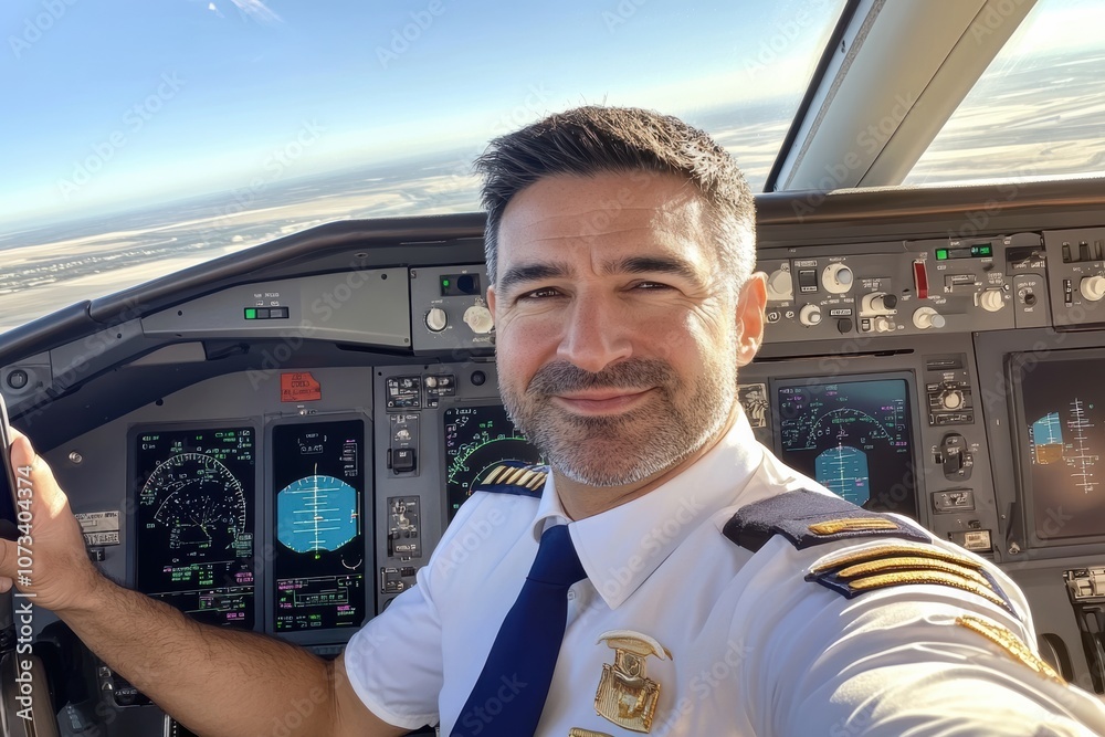Confident airline pilot in cockpit uniform taking selfie mid-flight ...