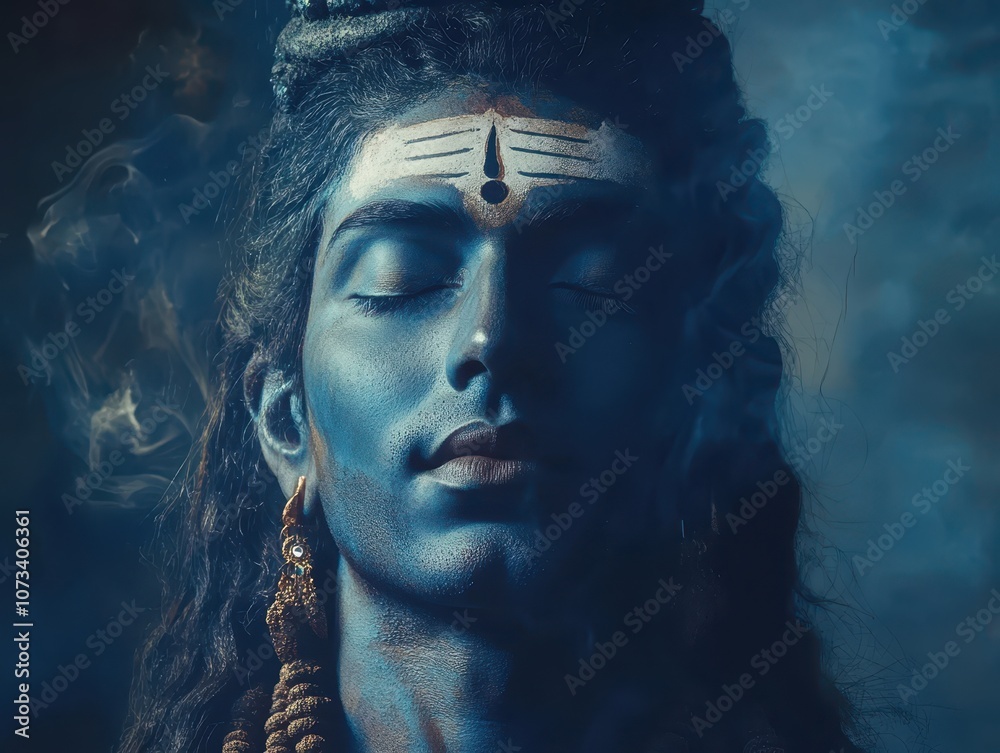 Shiva with closed eyes, meditating deeply, cosmic energy radiating from ...