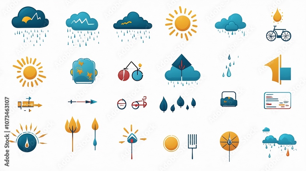 Set of stylized weather icons featuring sunny rainy cloudy and storm ...