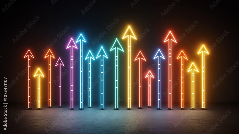 Vibrant colorful beams of light arranged as upward pointing arrows with ...