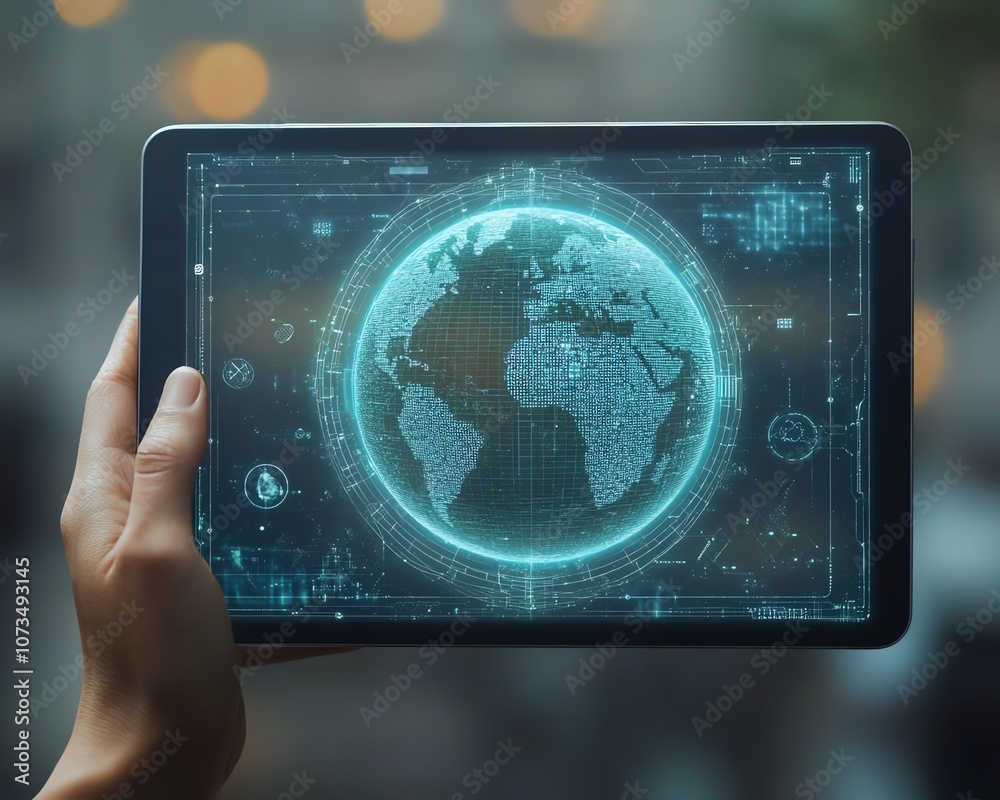 Futuristic tablet displaying a 3D Earth hologram with lines and icons ...